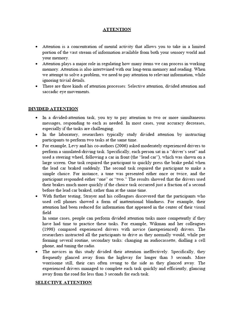 ATTENTION- Divided Attention, Selective Attention, Dichotic Listening, Stroop Effect, Filter ...