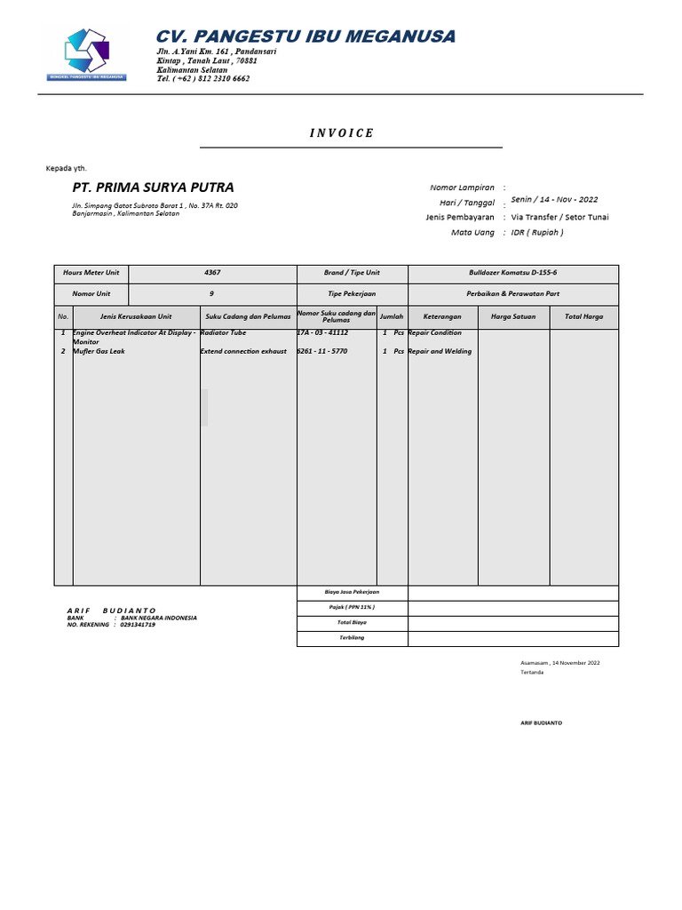 Invoice Bulldozer D 155 (09) 14 Nov | PDF