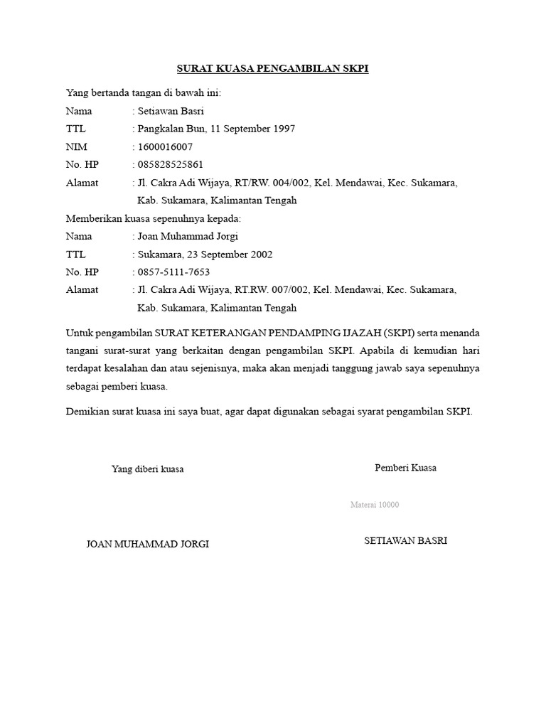 SURAT KUASA PENGAMBILAN SKPI | PDF
