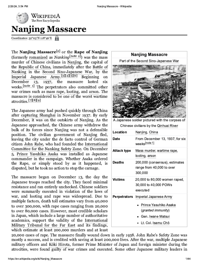 Nanjing Massacre - Wikipedia | PDF