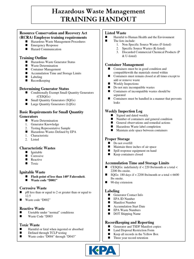 Haz Waste Management Training Hand Out Final | PDF | Waste | Hazardous ...