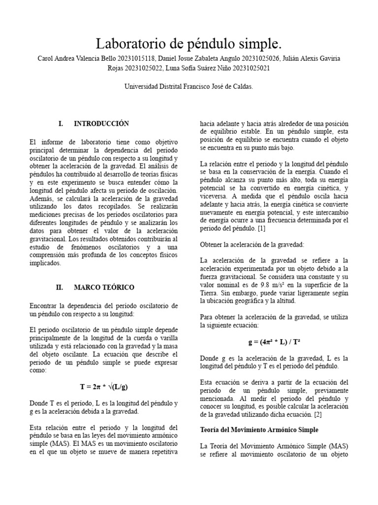 Laboratorio de Péndulo Simple | PDF | Péndulo | Oscilación
