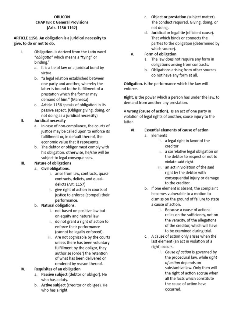 OBLICON Chapter I | PDF | Law Of Obligations | Cause Of Action