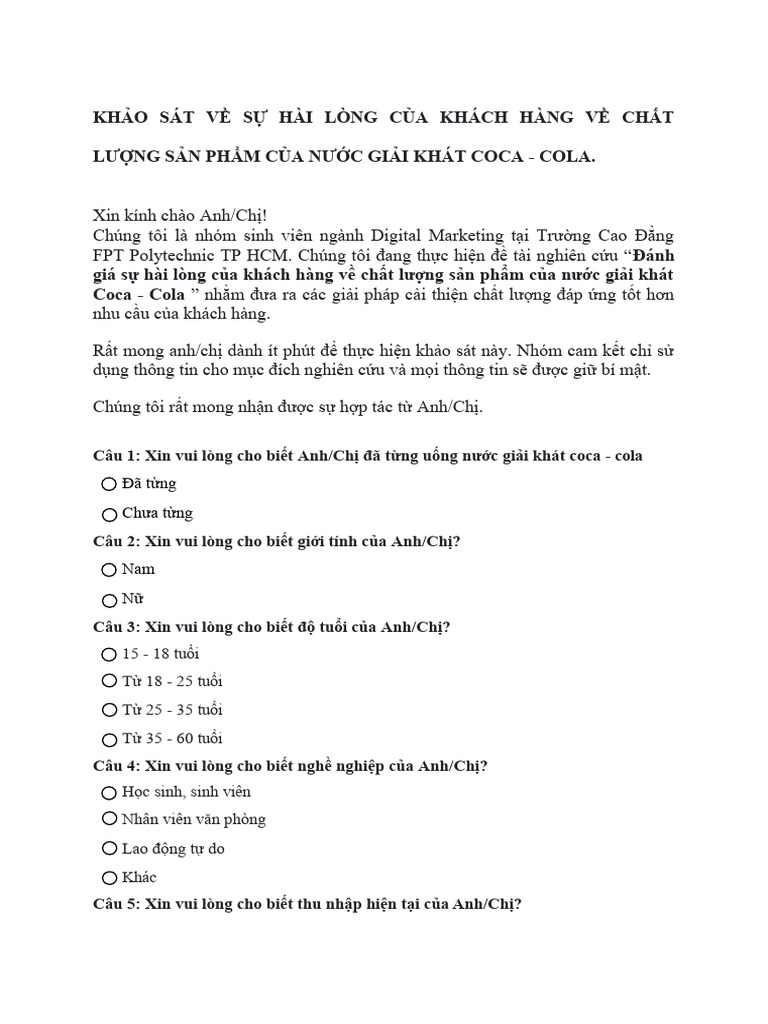 Khảo Sát Về Sự Hài Lòng Của Khách Hàng Về Chất Lượng Sản Phẩm Của Nước Giải Khát Coca | PDF