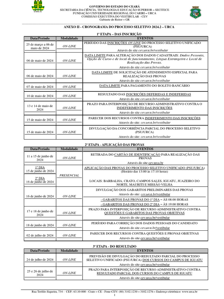 Cronograma Vestibular URCA 2024.2 | PDF
