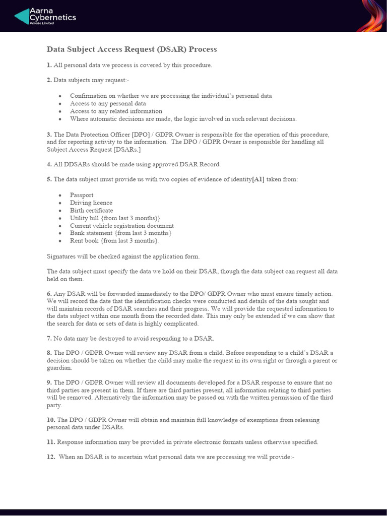 Aarna Cybernetics Data Subject Access Request (DSAR) Process | Download ...