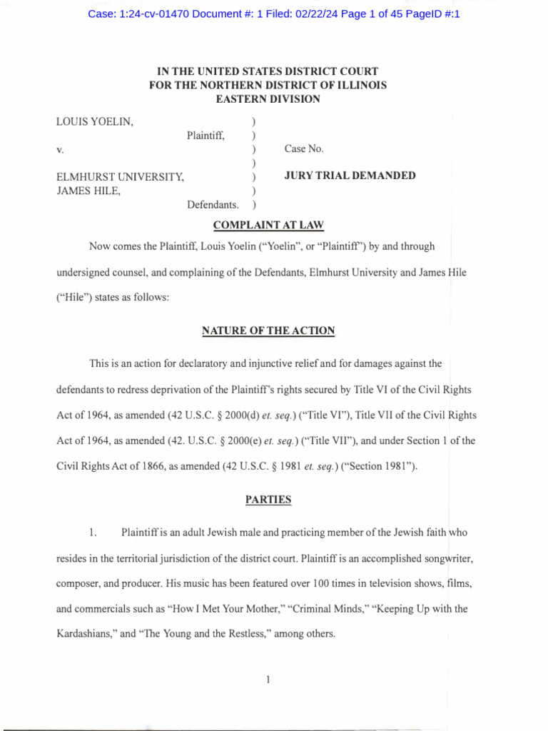 Louis Yoelin Lawsuit Against Elmhurst University | PDF | Lawsuit ...