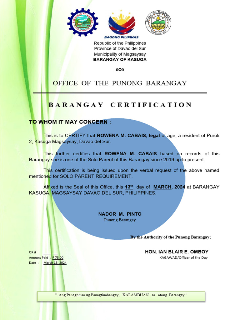 Barangay Solo Parent Certification Sample | PDF