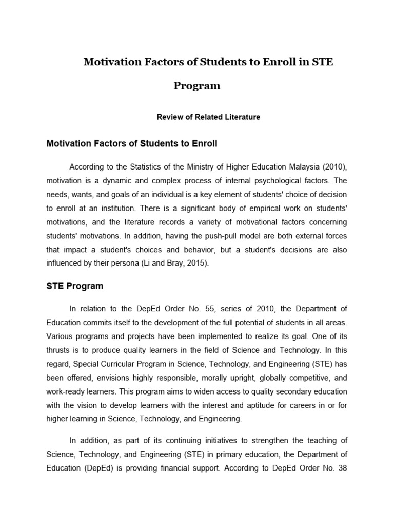Motivation Factors of Students in STE Program RRL | PDF | Cost Of ...