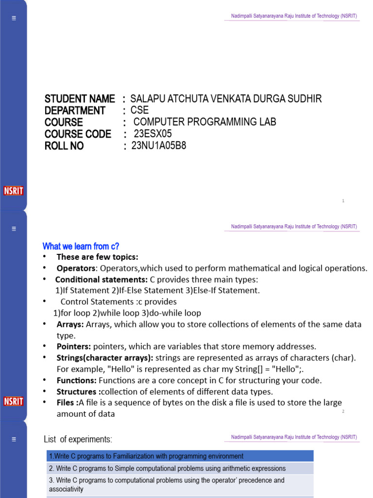 23NU1A05B8 | PDF | C (Programming Language) | Pointer (Computer ...