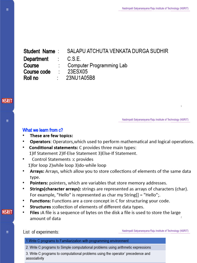 23nu1a05b8 Cp Lab Pdf C Programming Language Pointer Computer
