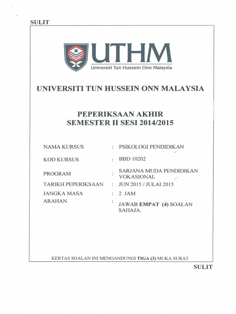 Peperiksaan Uthm Psikologi Pendidikan BBD | PDF