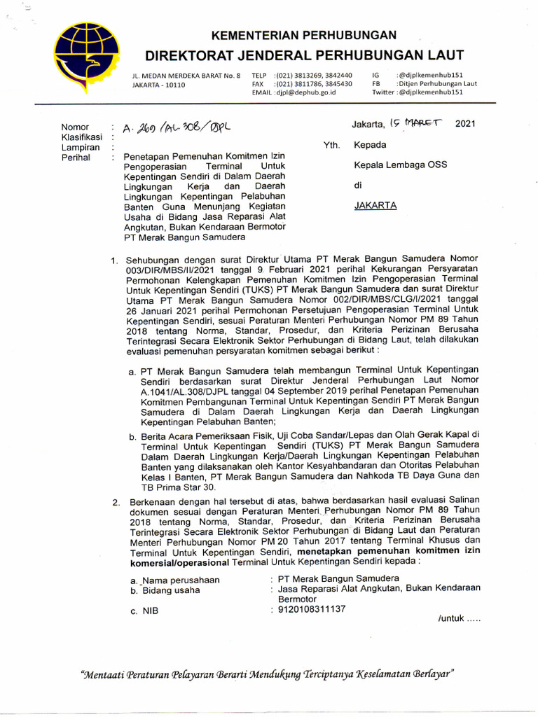 Surat Izin Operasi TUKS 15-03-2021 | PDF