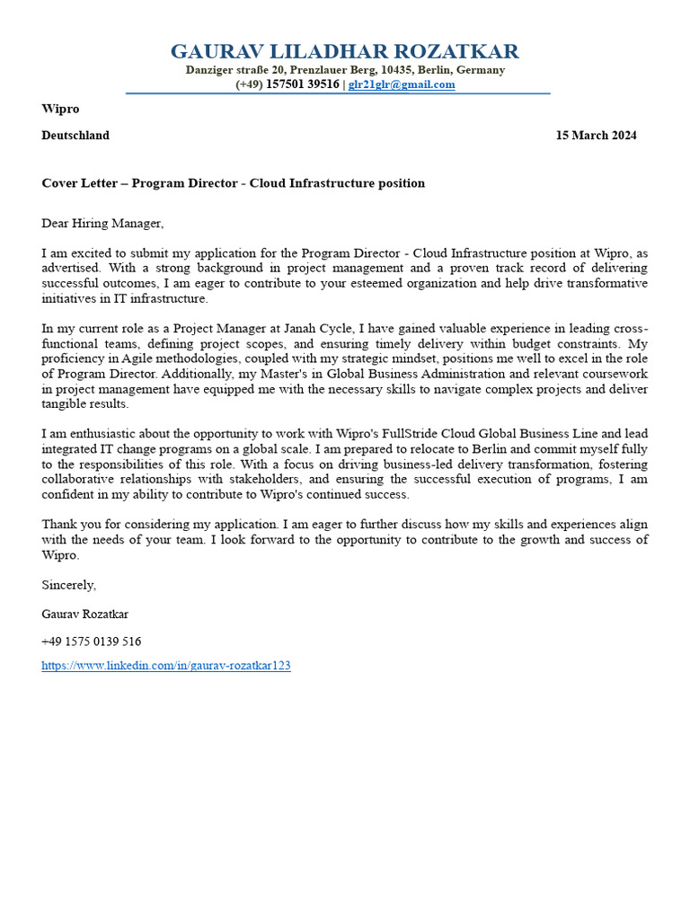 Cover Letter Wipro | PDF