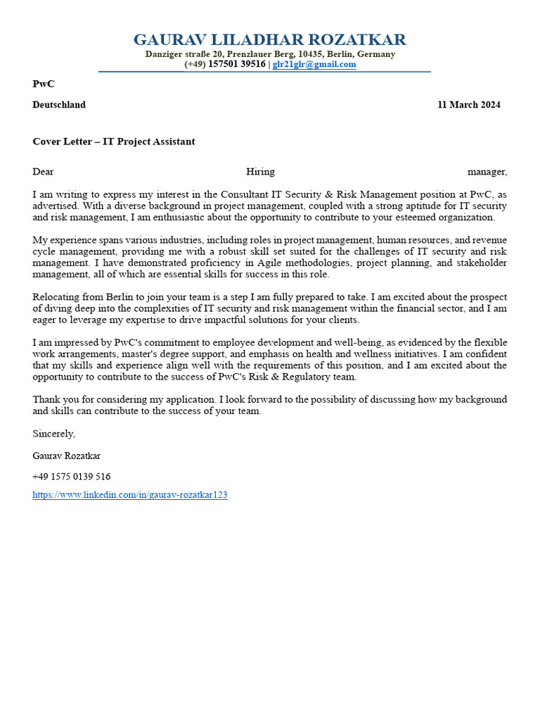 Cover Letter PwC | PDF