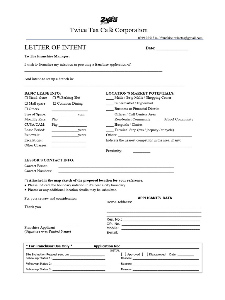 Letter of Intent To Franchise | PDF | Franchising