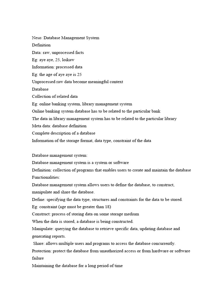 Neso Note (5 DBMS Roles Including) | PDF | Databases | Relational Database Neso Note (5 DBMS Roles Including) | PDF | Databases | Relational Database
