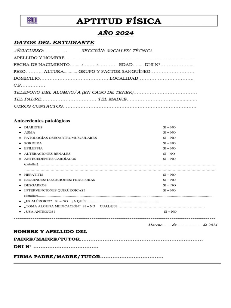 Ficha Médica ESTIT 2024 | PDF | Medicina CLINICA | Especialidades Medicas