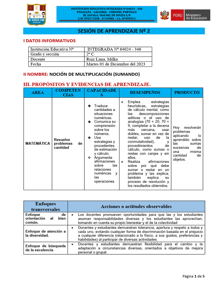 Sesión de Aprendizaje Nuevo Esquema #2 | PDF | Enseñando | Aprendizaje