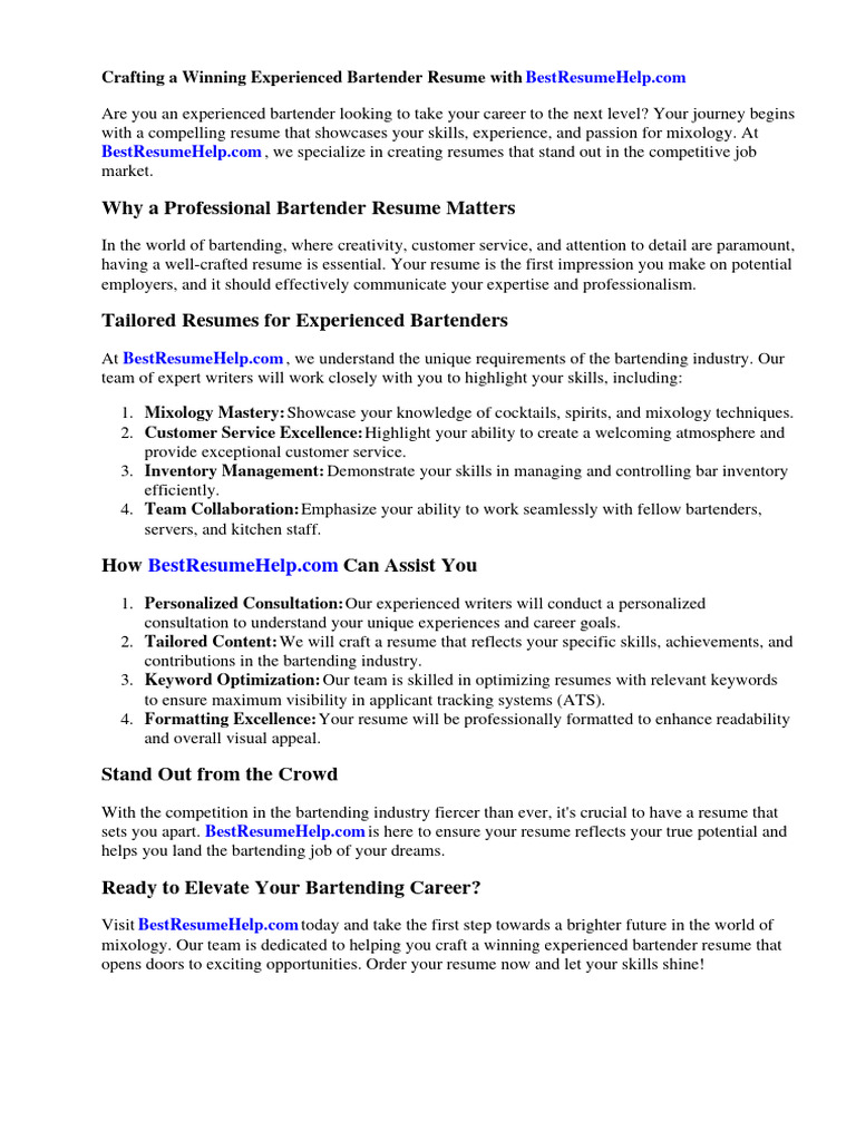 Experienced Bartender Resume | PDF | Bartender | Résumé