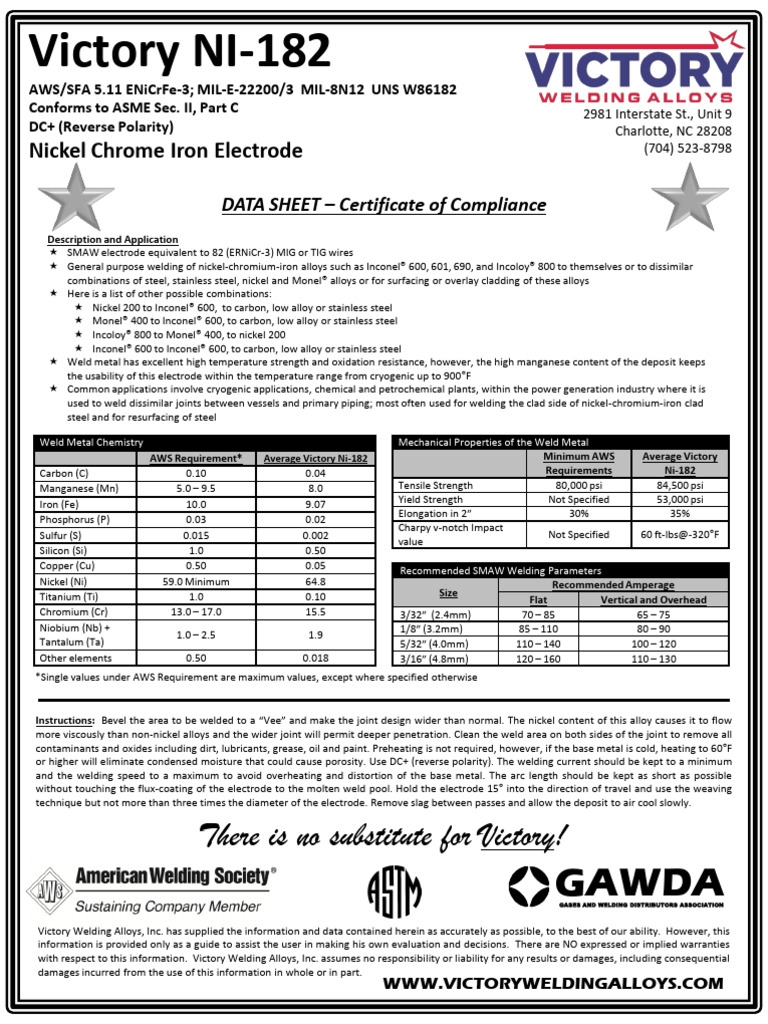 NI-182 Victory ENICRFE-3 Electrode Data Sheet | PDF | Stainless Steel ...