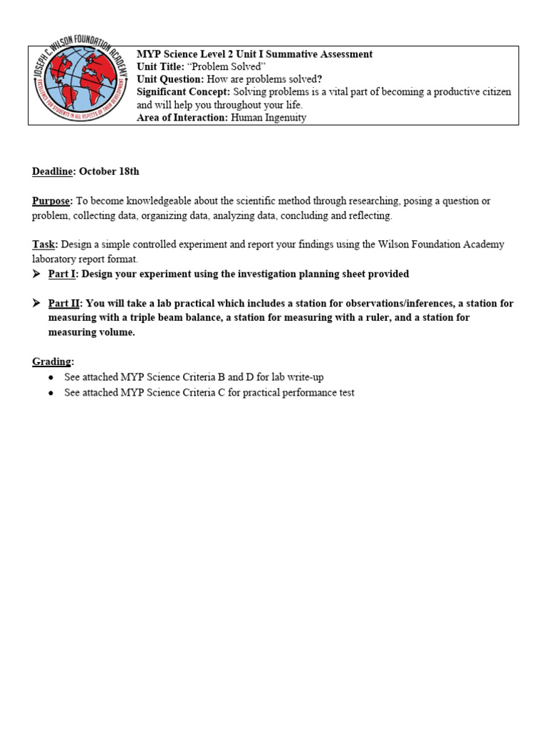 MYP Science Level 2 Unit 1 Summative Assessment | Download Free PDF ...
