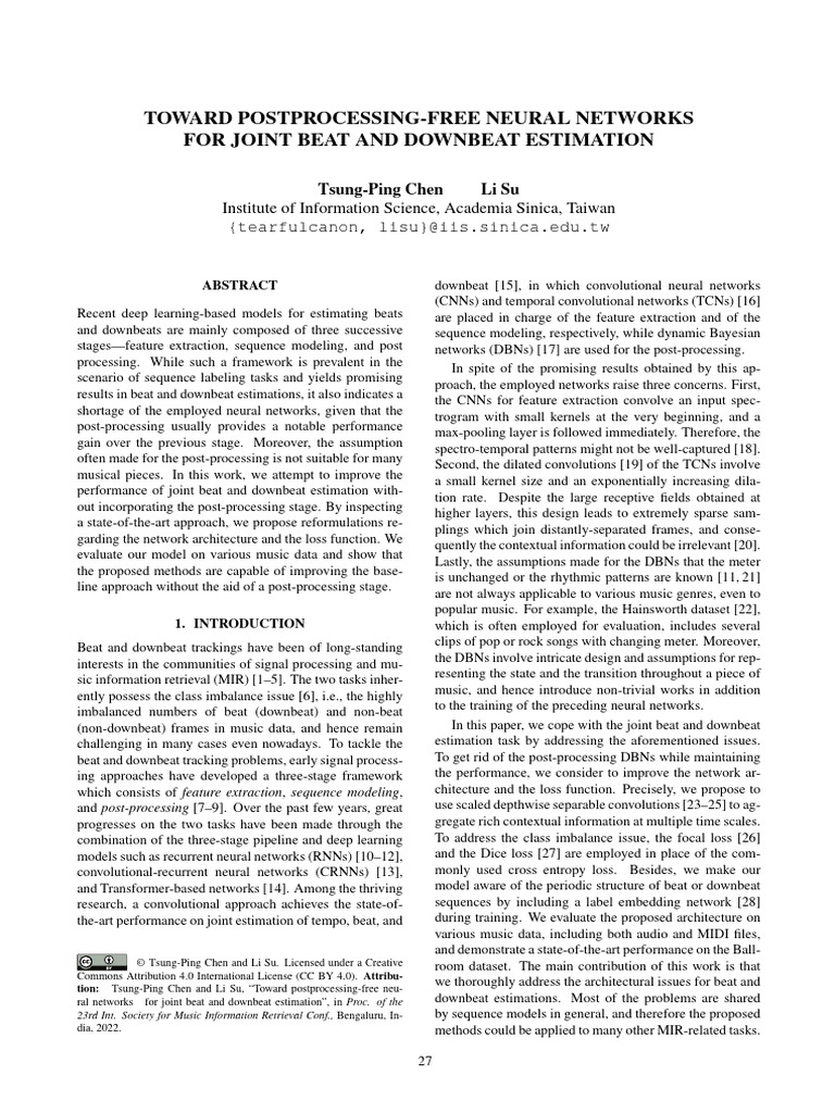Toward Postprocessing-Free Neural Networks For Joint Beat and Downbeat Estimation | PDF ...