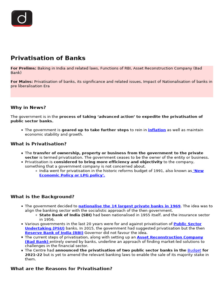 Privatization of Banks | PDF | Privatization | Banks