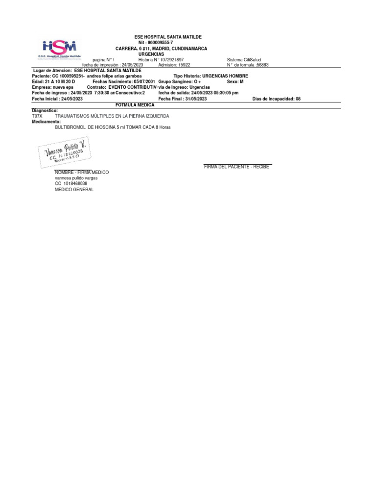 Formato Incapacidad Hospital San Matilde Madrid | PDF