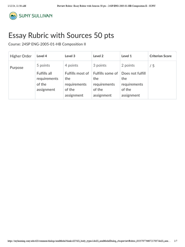 Preview Rubric Essay Rubric With Sources 50 Pts - 24sp Eng-2005-01-Hb ...