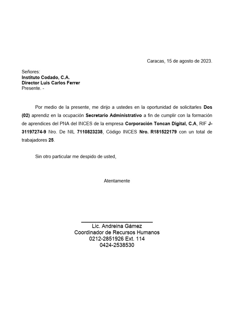 MODELO DE CARTA DE SOLICITUD | PDF