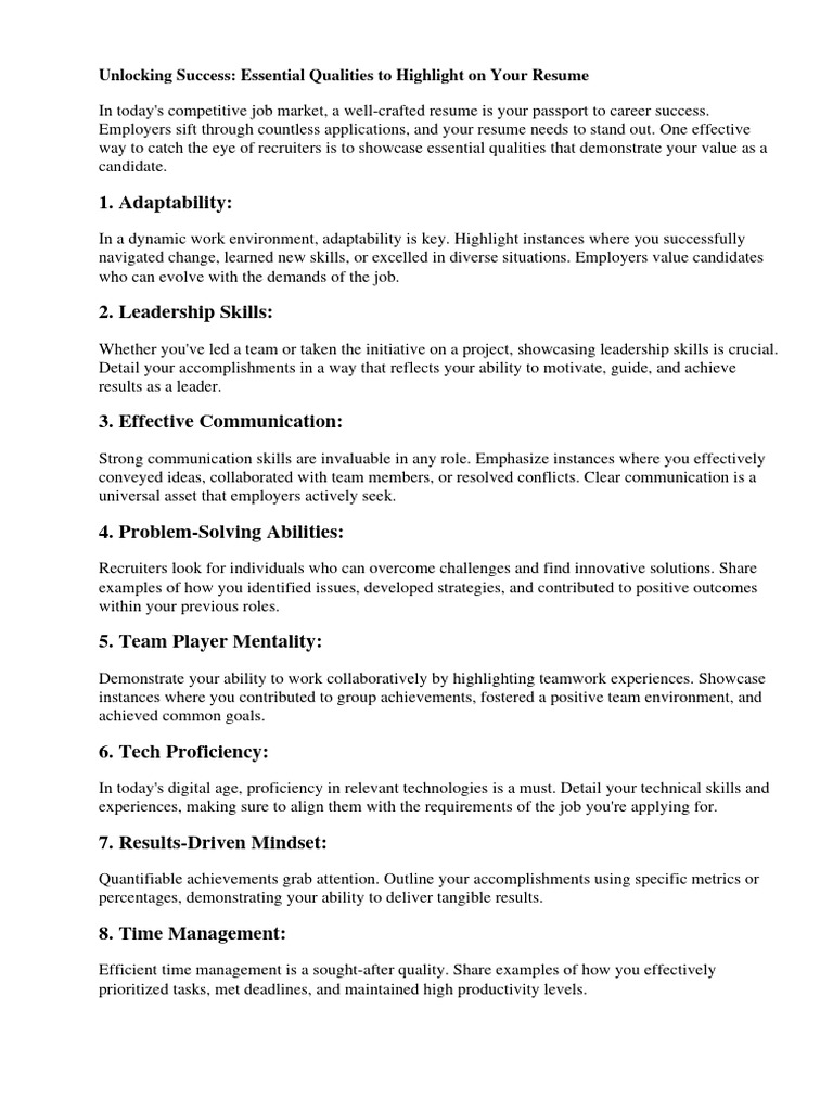 Qualities For Resume | PDF | Résumé | Leadership