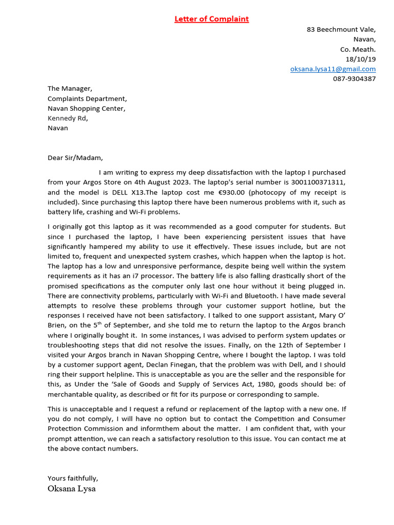 Letter of Complaint OL | PDF | Laptop | Computing