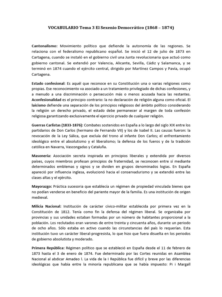 Vocabulario Tema 3 El Sexenio Democrc3a1tico | PDF | España | Política de españa