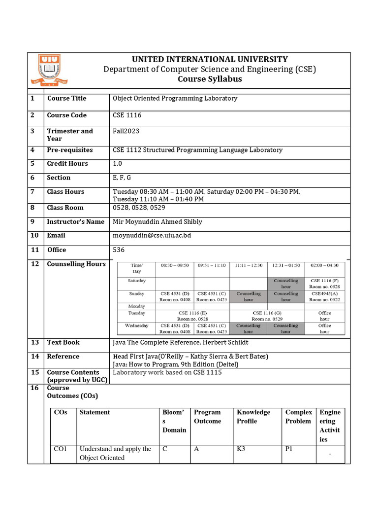 CSE1116 Course Outline | PDF | Class (Computer Programming) | Method (Computer Programming)