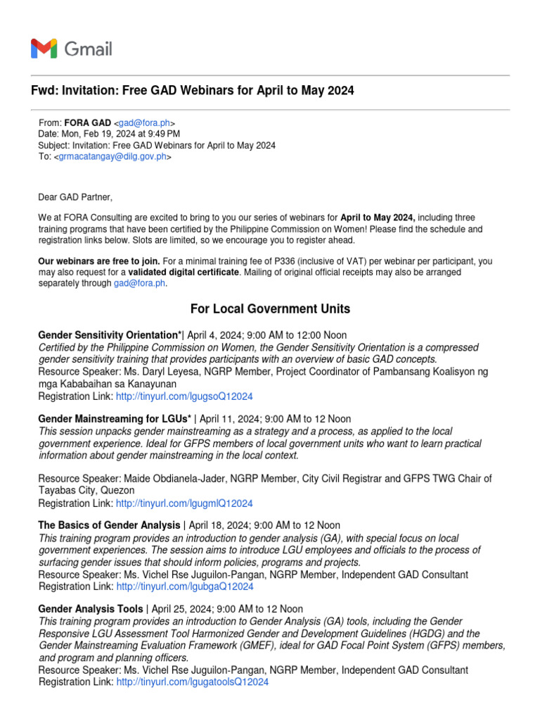 Gmail - FWD - Invitation - Free GAD Webinars For April To May 2024-Basis | PDF | Gender Analysis ...