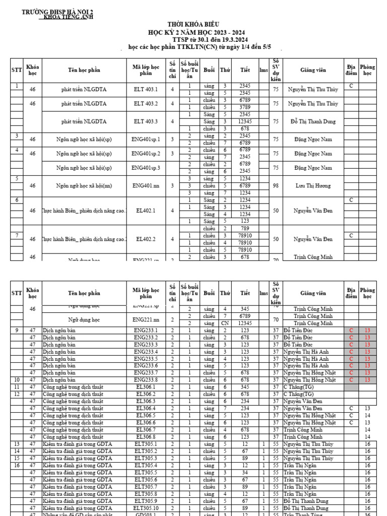 Thoi Khoa Bieu HK2 .2023 2024 | PDF