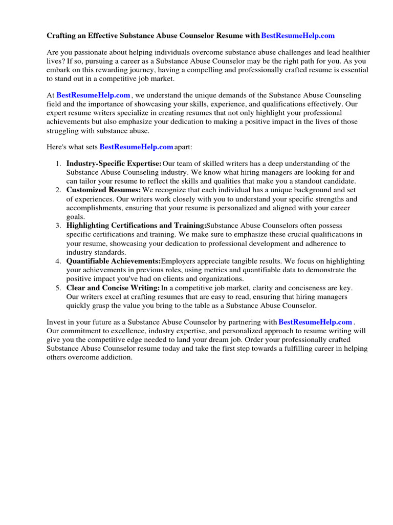 Substance Abuse Counselor Resume | PDF | Substance Abuse | Psychotherapy