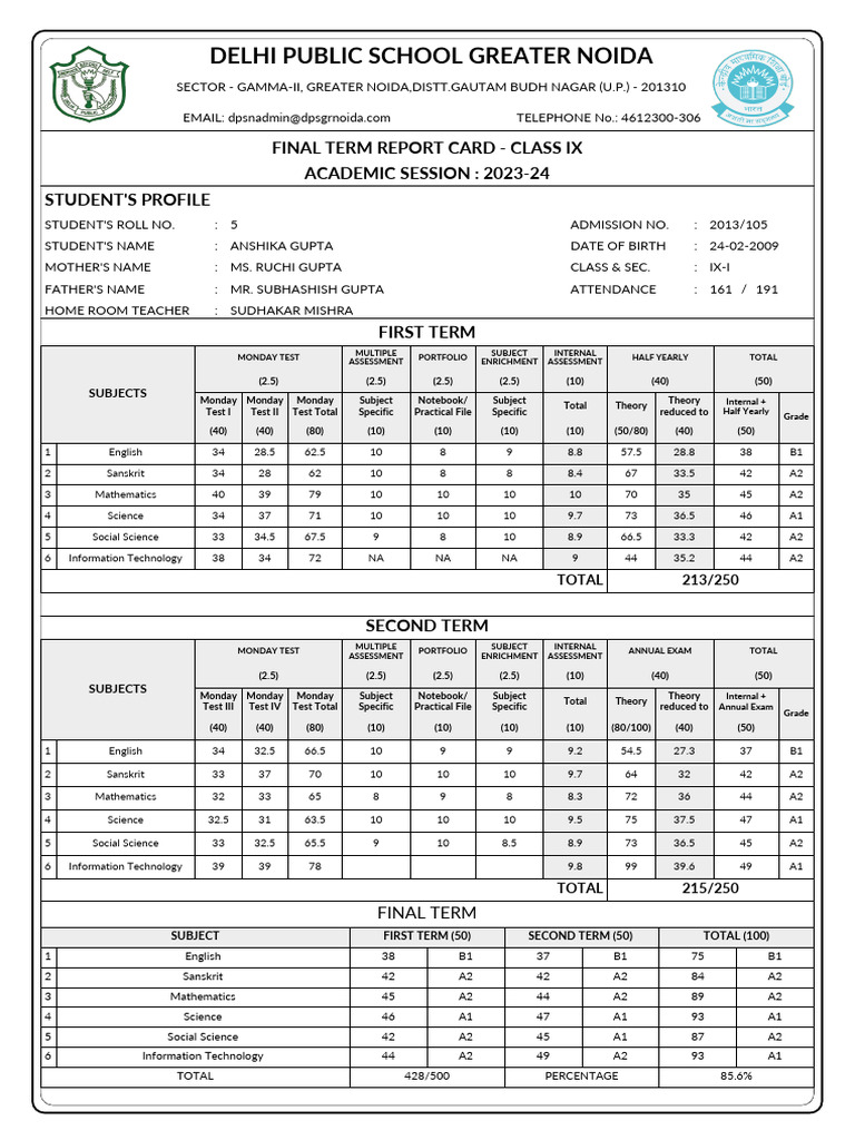 Delhi Public School Greater Noida: Academic Session: 2023-24 Final Term ...