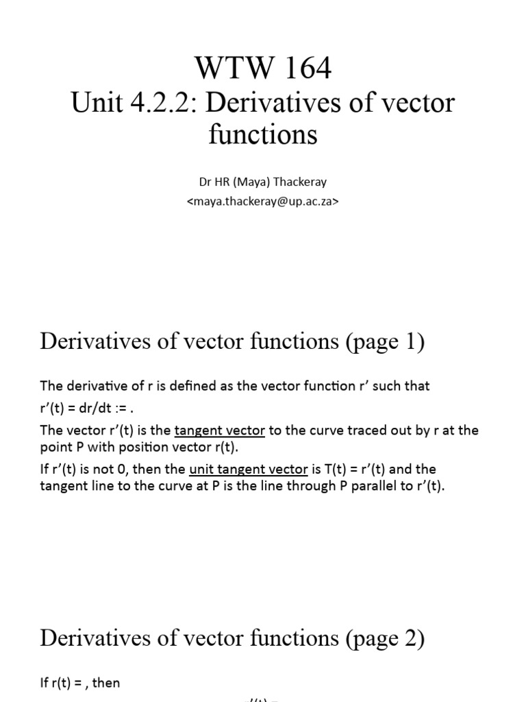 Unit 4 Pt 2 Pt 2 Derivatives Vector Functions Pdf