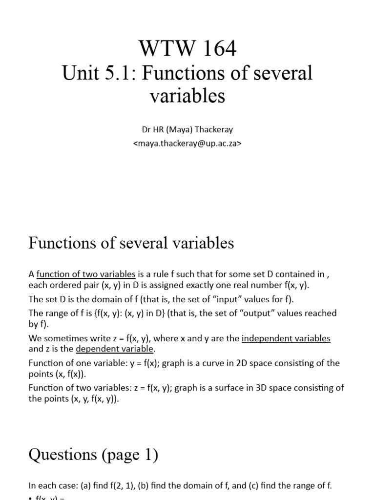 Unit 5 PT 1 Functions Several Variables | PDF | Function (Mathematics ... Unit 5 PT 1 Functions Several Variables | PDF | Function (Mathematics ...