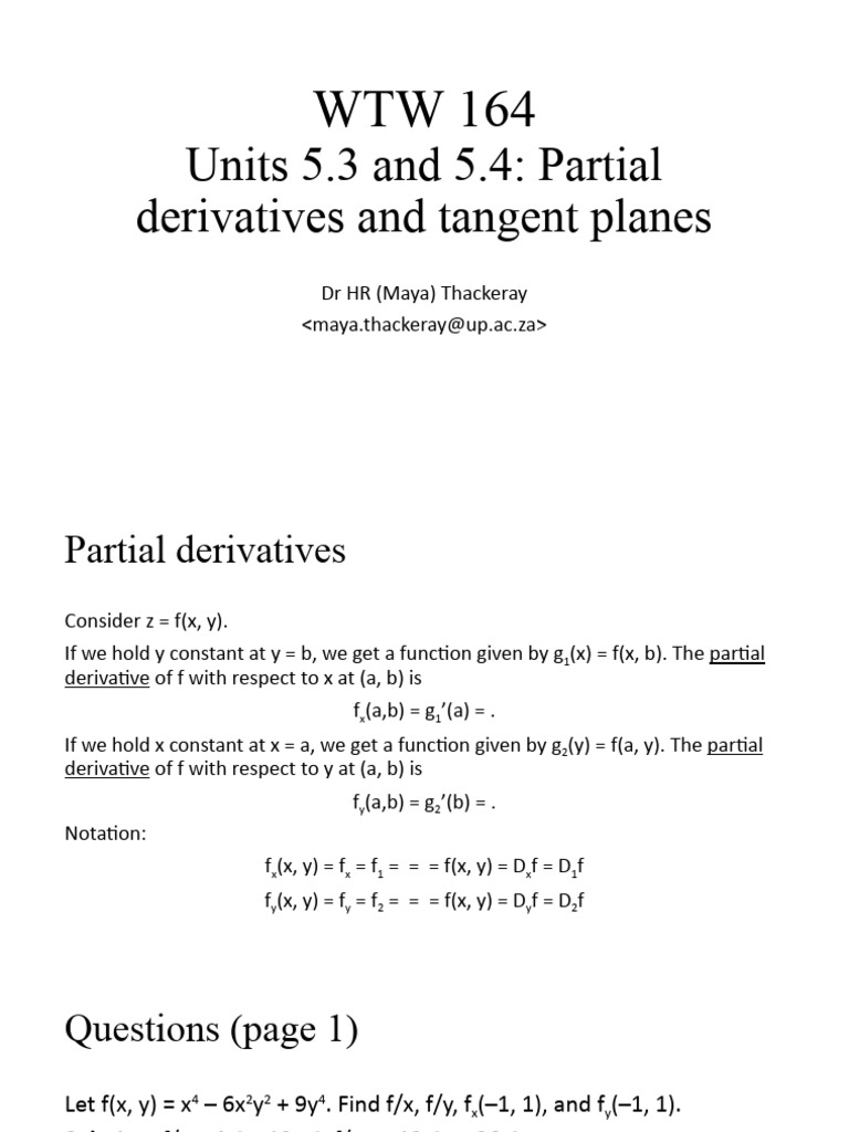 Unit 5 Pt 3 To 4 Partial Derivatives Tangent Planes Pdf Tangent