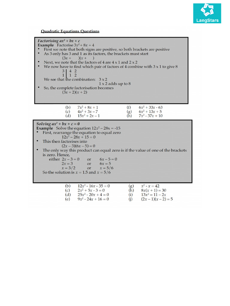 Quadratic Equations Factorizing Problems Level3 | PDF