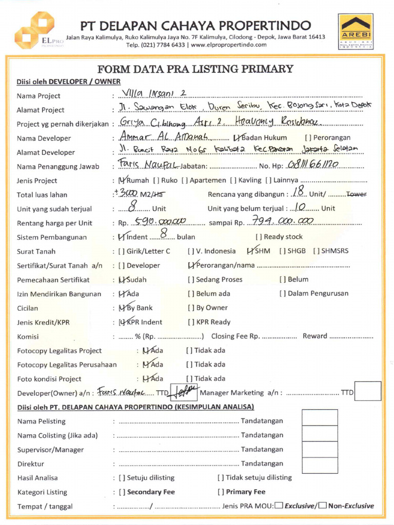 Form Data Pra Listing Primaey VIS220230823 - 11145948 | PDF