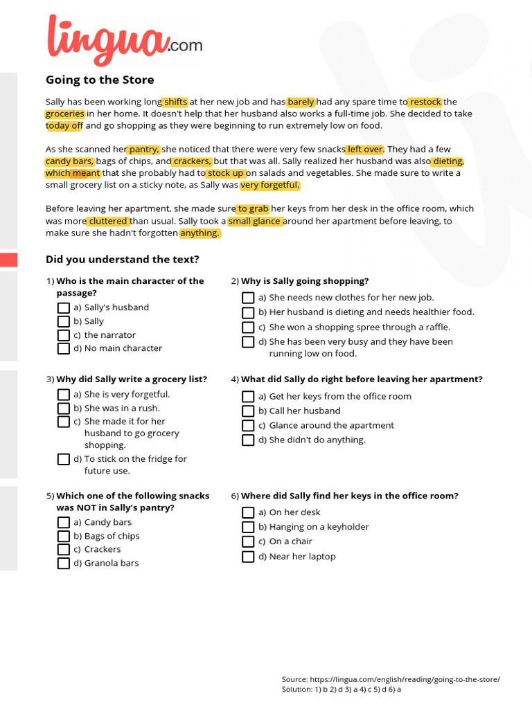 Grocery Shopping Story Quiz | PDF | Food And Drink | Food Industry