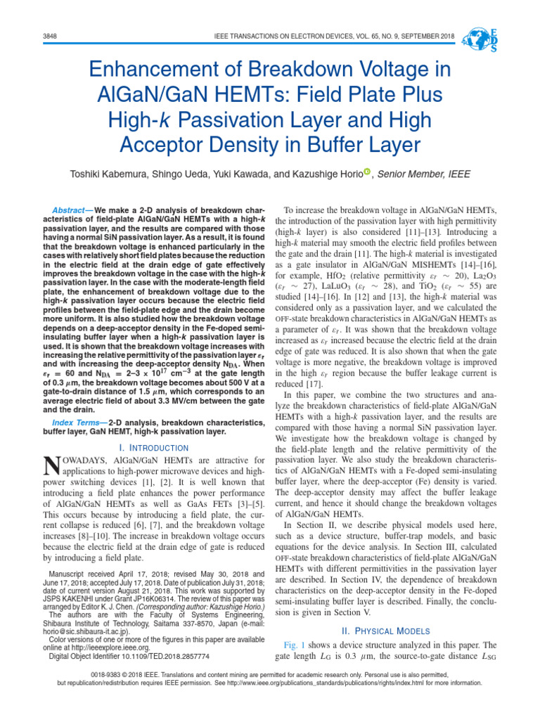 Enhancement of Breakdown Voltage in AlGaN GaN HEMTs Field Plate Plus High - K Passivation Layer ...