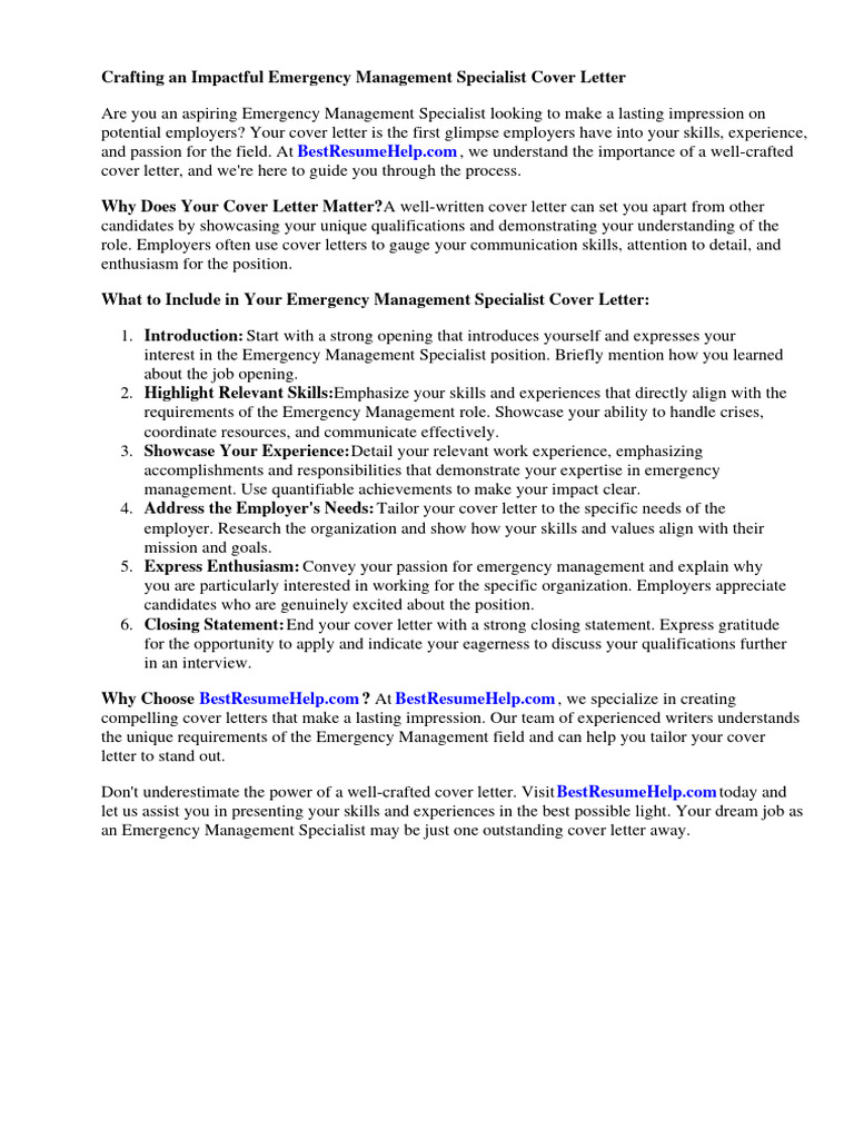 Emergency Management Specialist Cover Letter | PDF | Résumé | Emergency ...