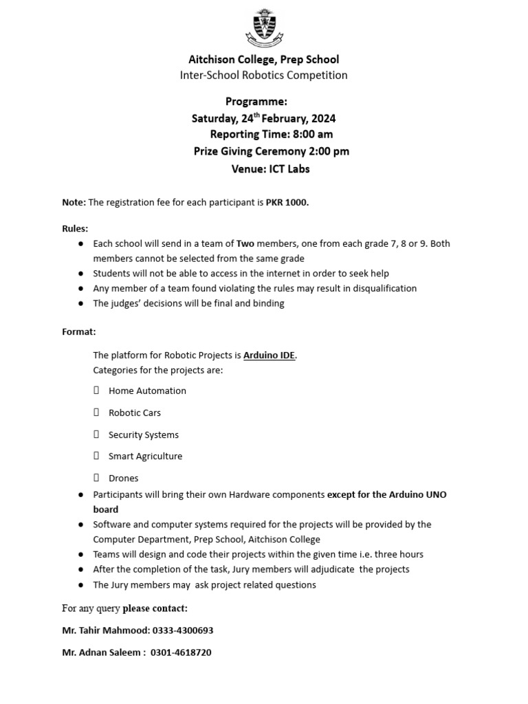 Inter-School Robotics Competition 2024 | PDF
