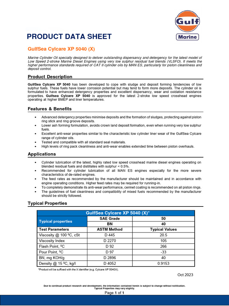 PDS GulfSea Cylcare XP 5040 2023-10 | PDF | Piston | Diesel Engine