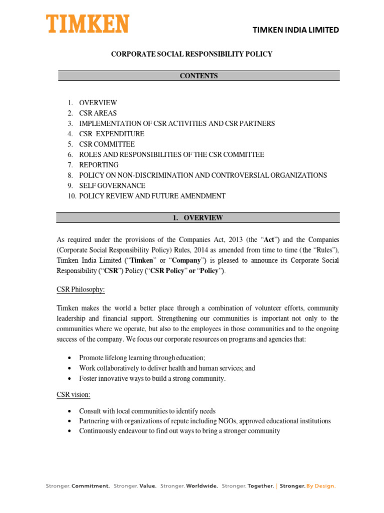 Timken - Corporate-Social-Responsibility-Policy | PDF | Corporate Social Responsibility | Governance
